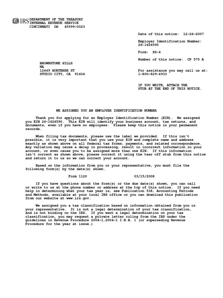 IRS CP 575 A: EIN Assignment Notice | PDF | S Corporation | Irs Tax Forms