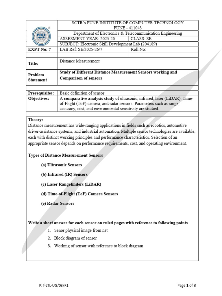 EXPT 7 Distance Measurement For Students | PDF | Sensor | Equipment