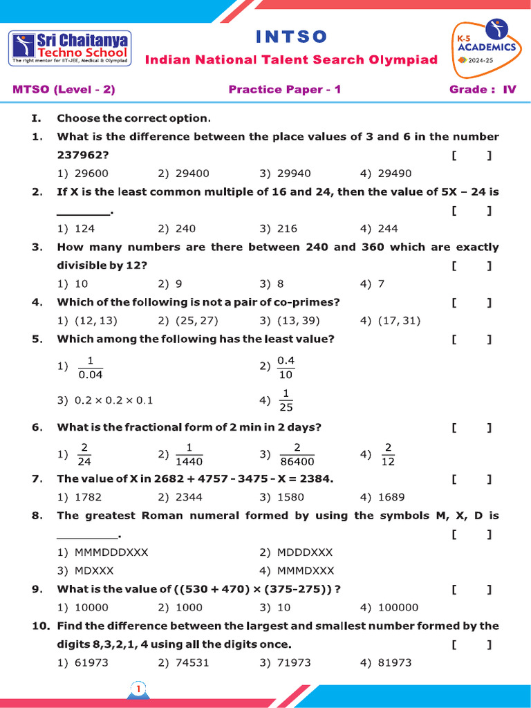 MTSO Question Paper-1 - Grade - 4 (Level-2) | PDF