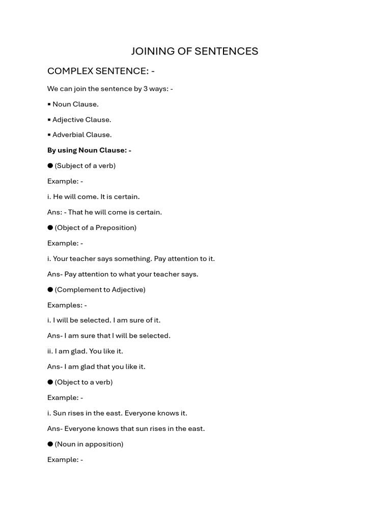 Joining of Sentences (Complex Sentence) | PDF
