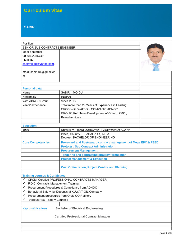 CV Sabir Moidu Lead Sub Contracts Engineer | PDF | Evaluation | Cost ...