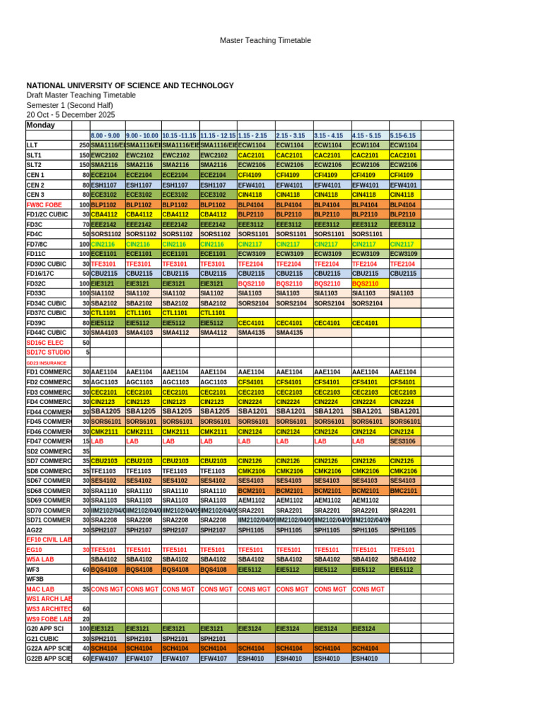 NUST Semester 1 Teaching Timetable | PDF | Academic Degree | Qualifications