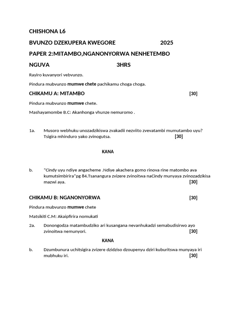 Chishona l6 Paper 2 | PDF