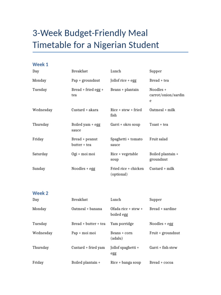 3 Week Meal Timetable Nigerian Student | PDF | Lunch | Peanuts