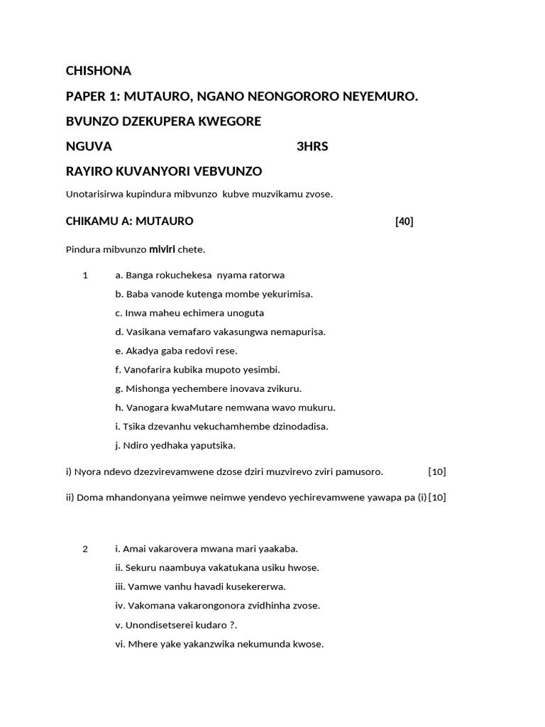 ChiShona L6 Bvunzo Paper 1 2025 | PDF