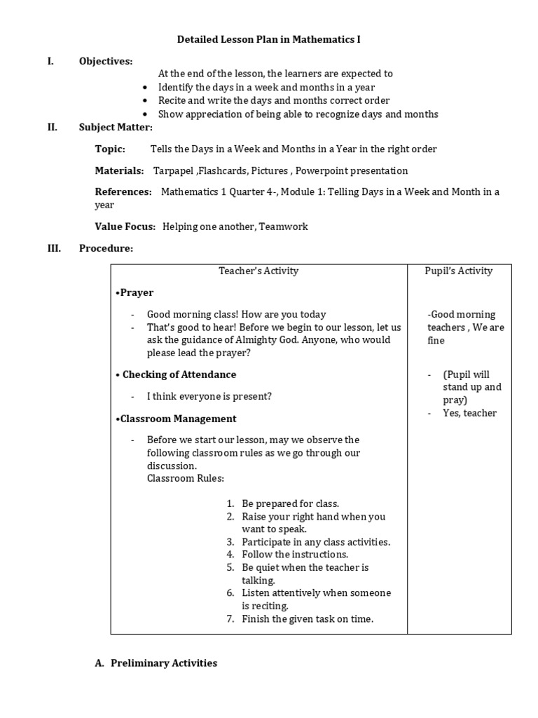 Lesson Plan: Days and Months in Math | PDF | Lesson Plan | Teachers