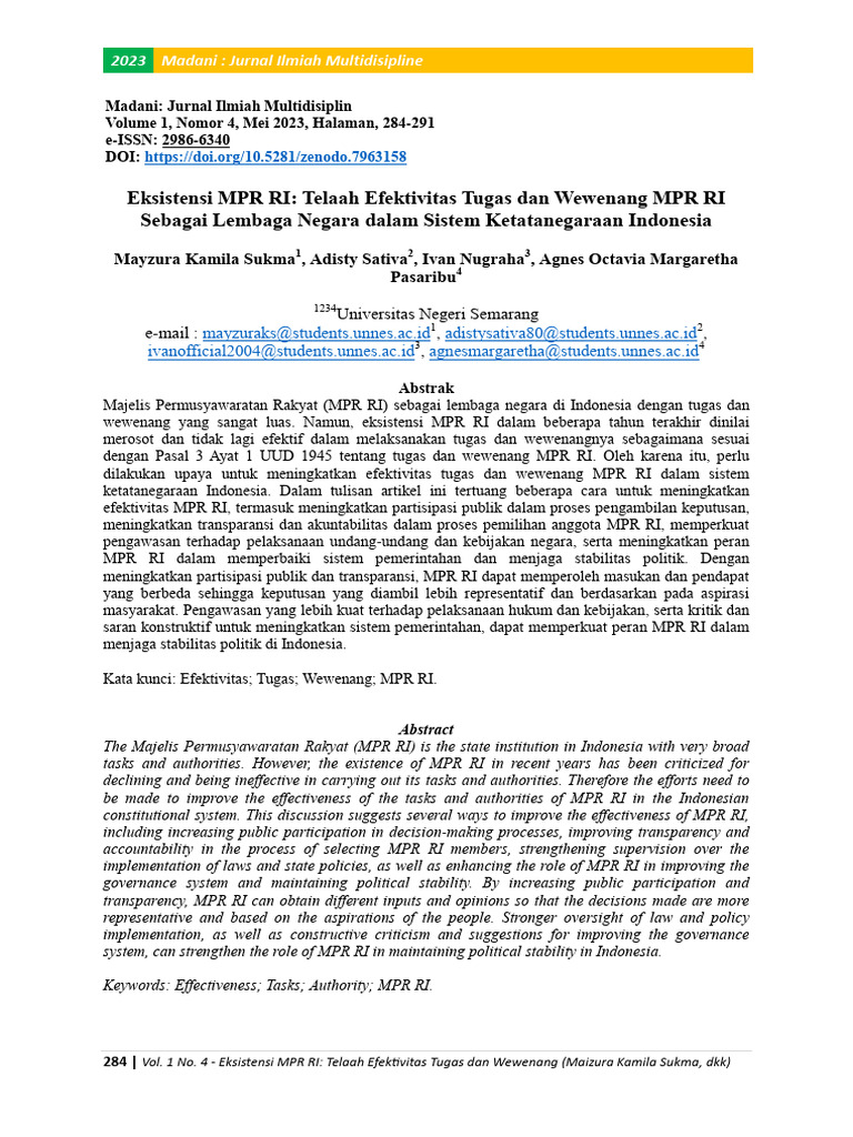 Eksistensi MPR RI Telaah Efektivitas Tug | PDF