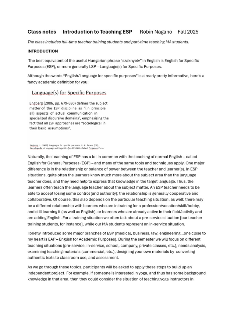 Introduction to Teaching ESP | PDF | Learning | Teachers