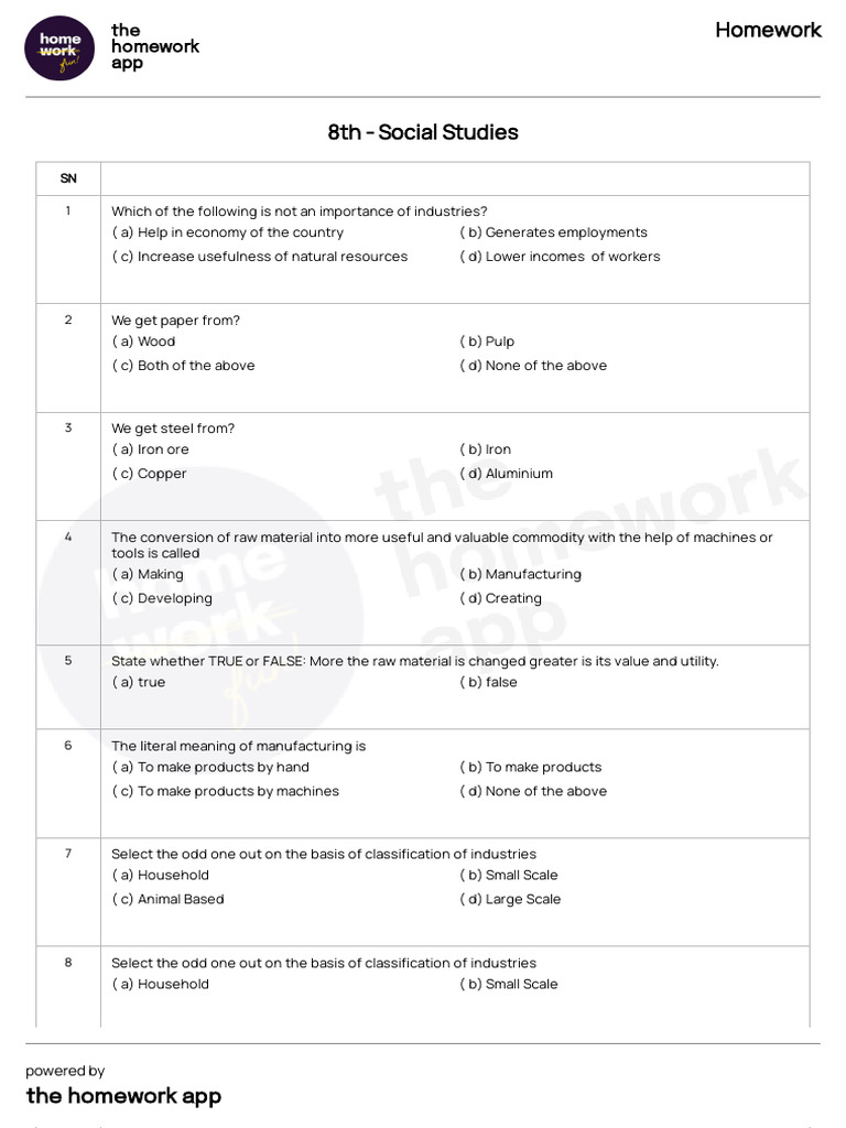 Questions - Homework - 8th - Social Studies - 2025-11-01T0800 | PDF ...