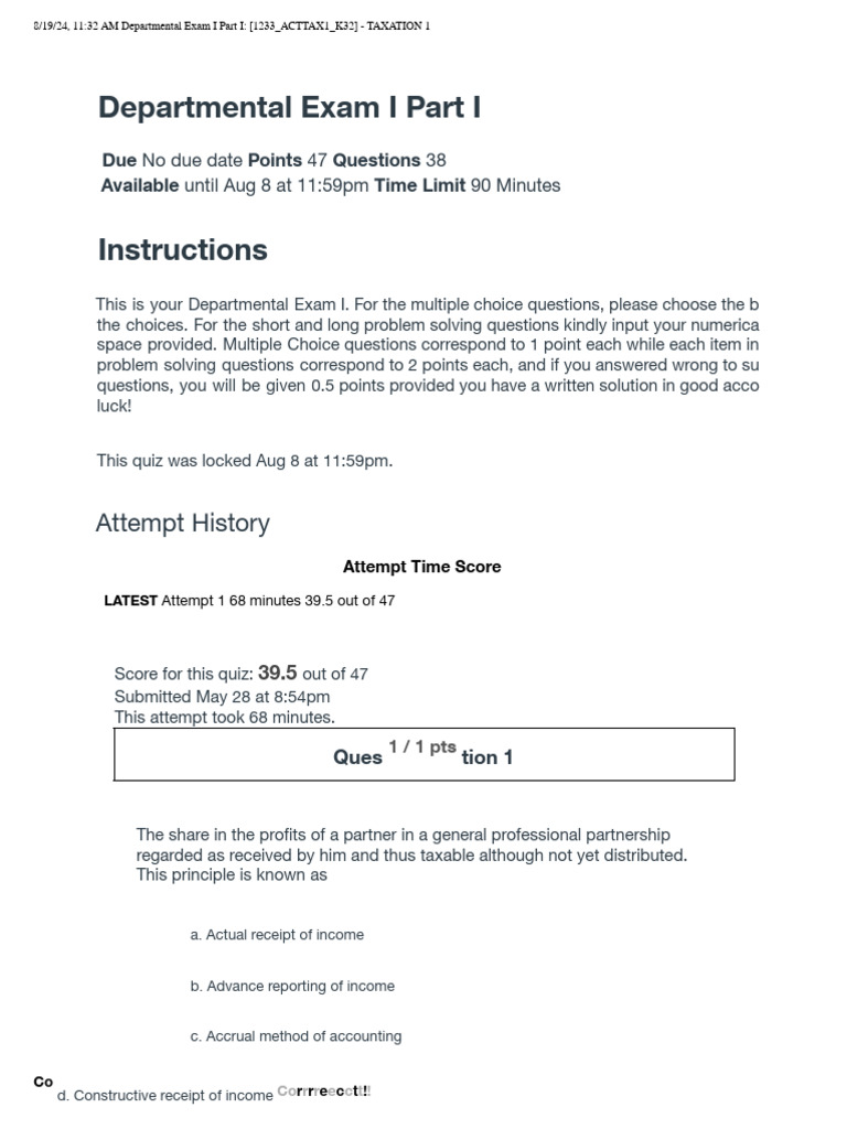 Departmental Exam I Part I 1233 Acttax1 k32 Taxation 1 | PDF | Taxes ...