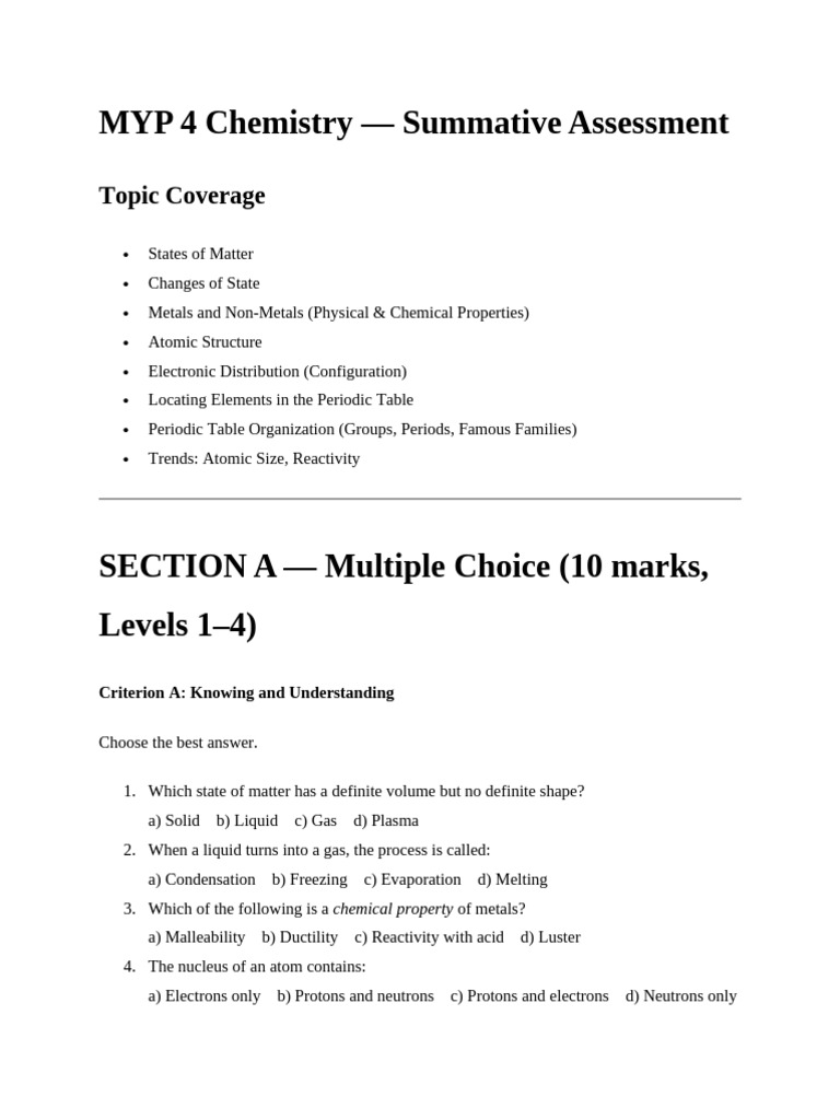 MYP 4 Chemistry Assessment Guide | PDF | Periodic Table | Atoms