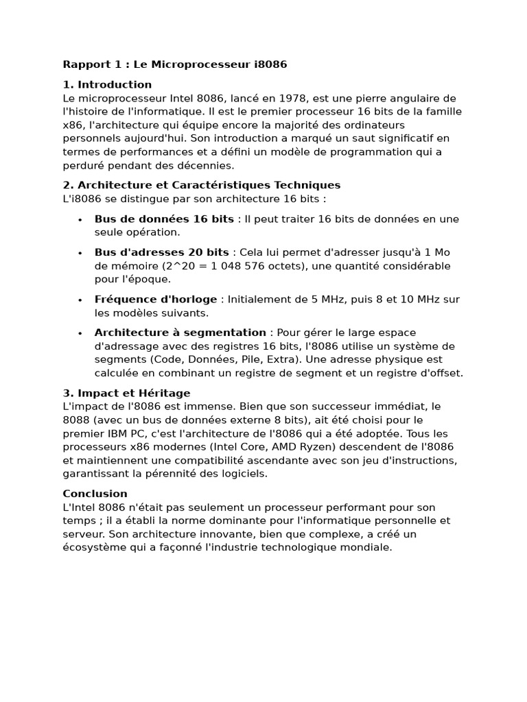 Microprocesseur Intel 8086 : Histoire et Impact | PDF