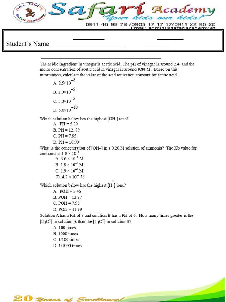 Grade 12 Chemistry Worksheet: Acids & Bases | PDF | Ph | Acid