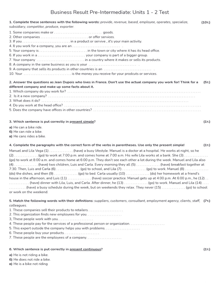 Business Result Pre-Intermediate Test 1-2 | PDF | Linguistics | Syntax