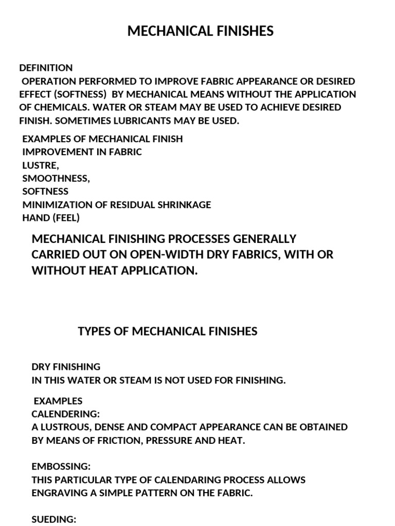 Mechanical Finishes for Fabrics Explained | PDF | Textiles | Mechanical ...