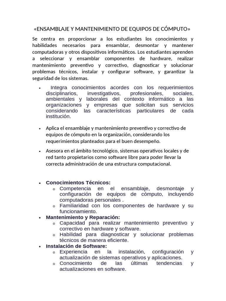 Ensamblaje y Mantenimiento de Equipos de Cómputo Perfil de Conocimientos | PDF