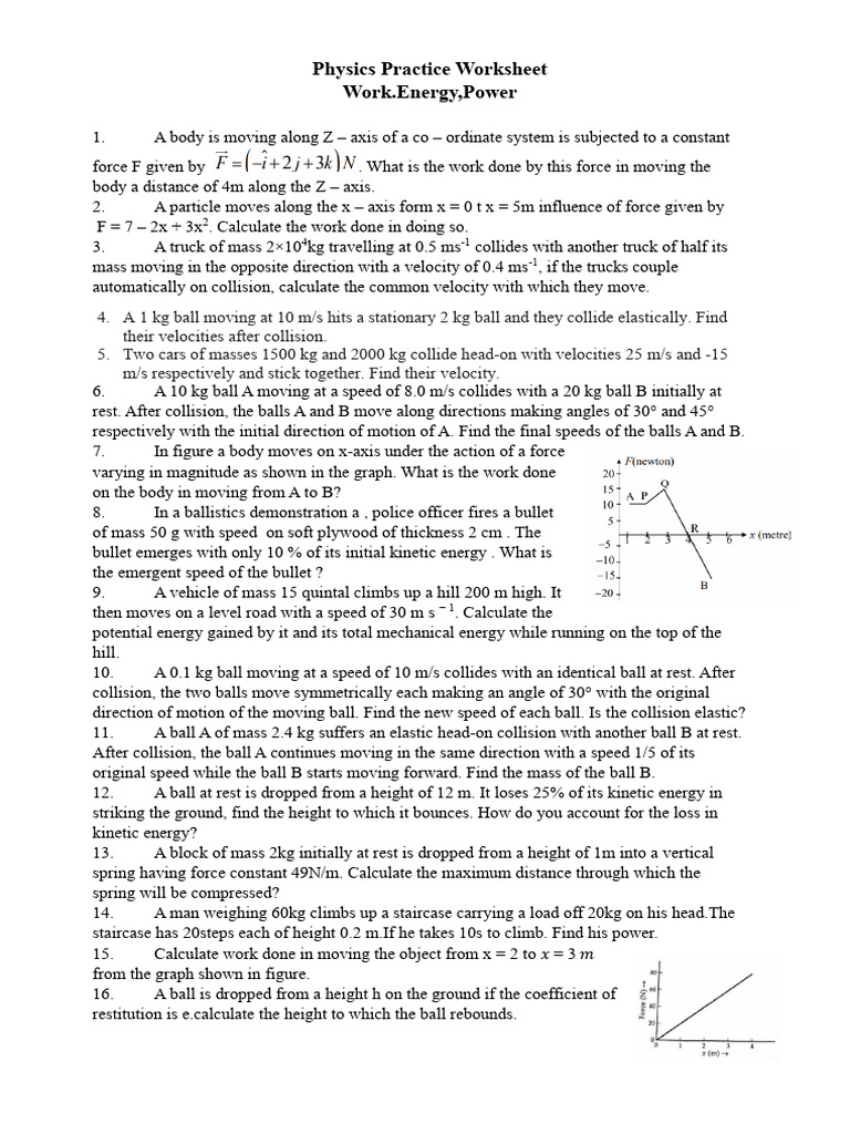 Physics Work and Energy Problems Worksheet | PDF | Velocity | Force