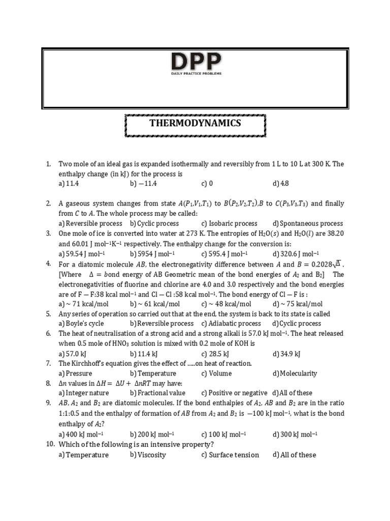 Chemical Thermodynamics DPP 1 | PDF | Enthalpy | Branches Of Thermodynamics
