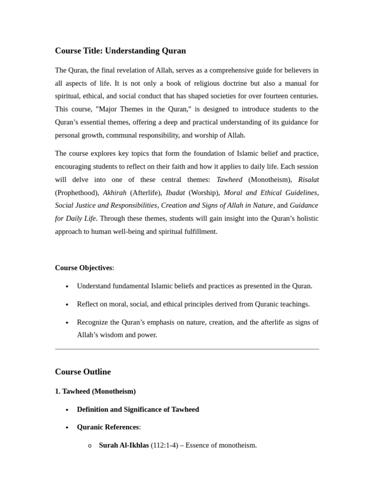Major Themes in the Quran Course | PDF | Prophets And Messengers In ...