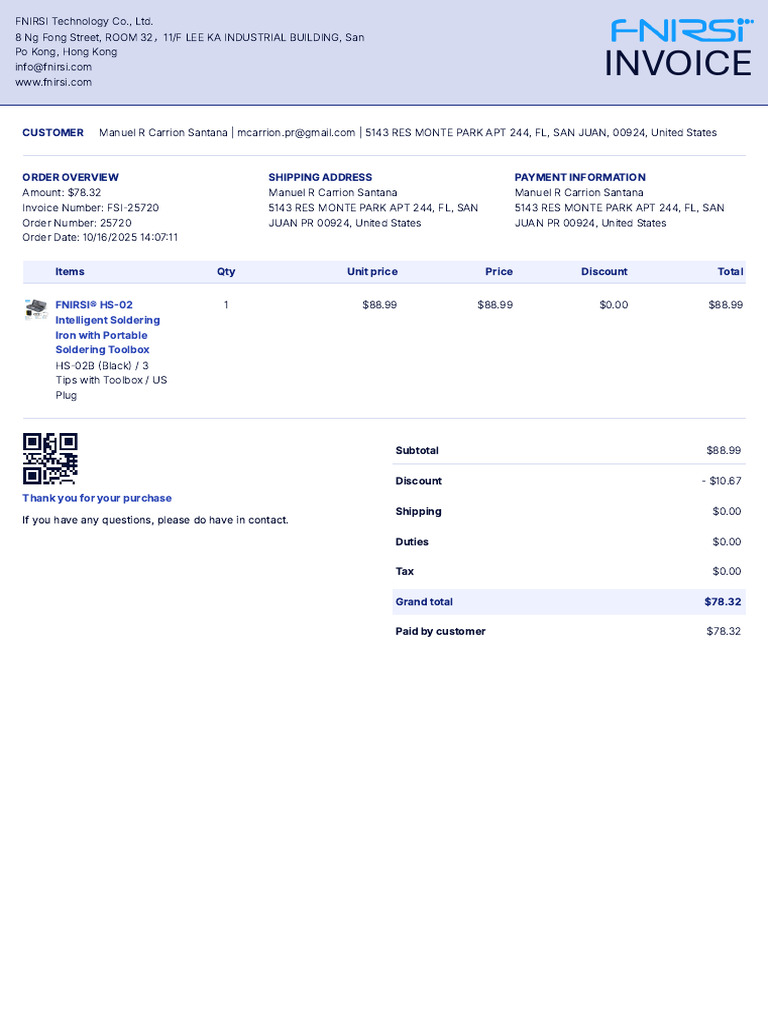 FNIRSI Invoice for Soldering Iron Purchase | PDF
