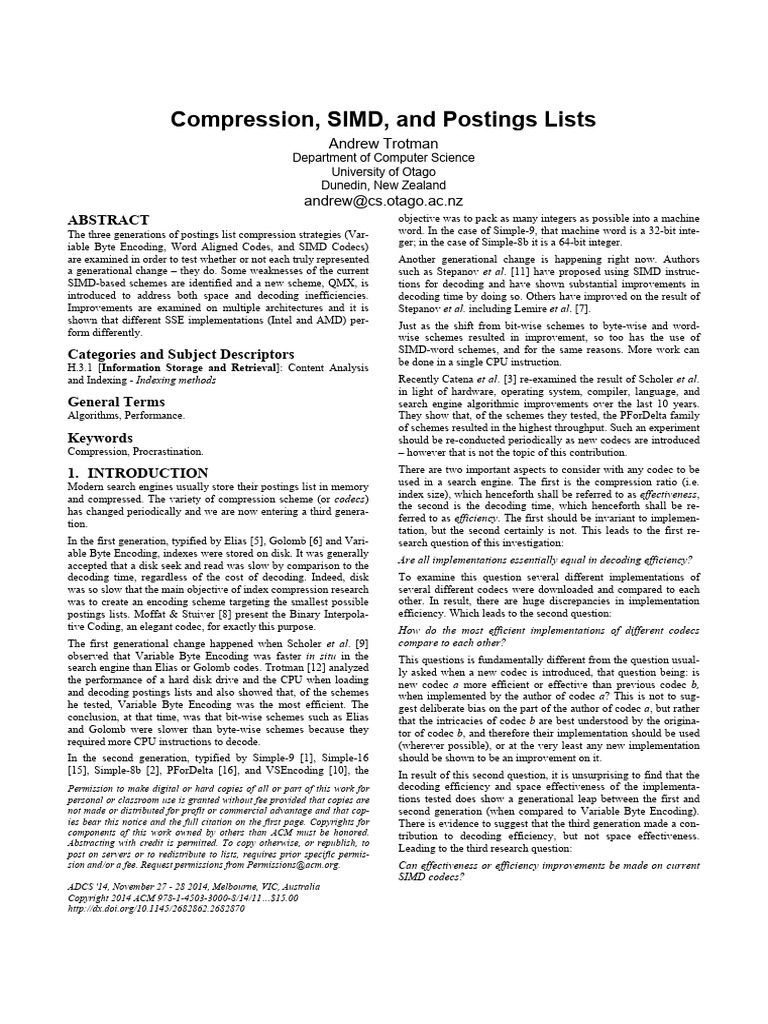 Conpression Simd And Postings Lists Pdf Integer Computer Science