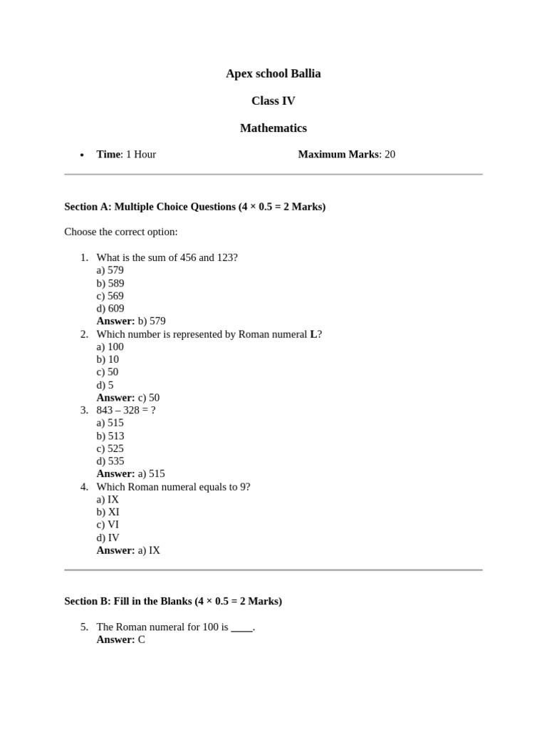 Class IV Mathematics Exam Paper | PDF