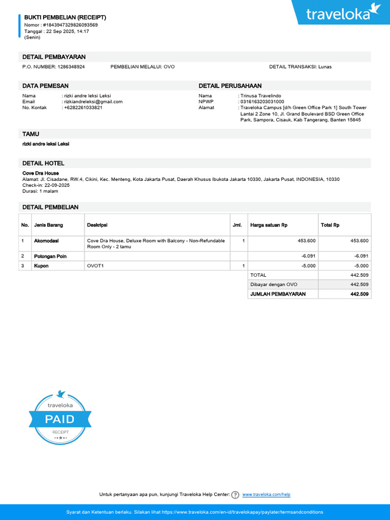 Invoice Pembayaran Hotel Traveloka | PDF