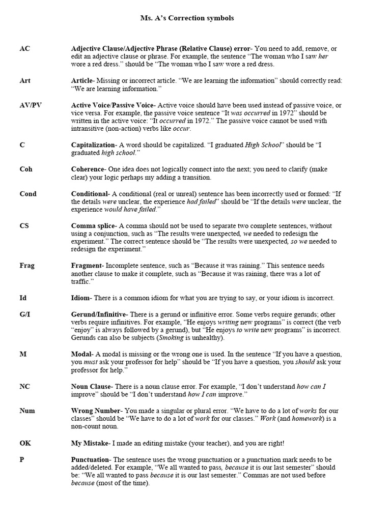 Ms. As Correction Symbols | PDF | Verb | Semantic Units