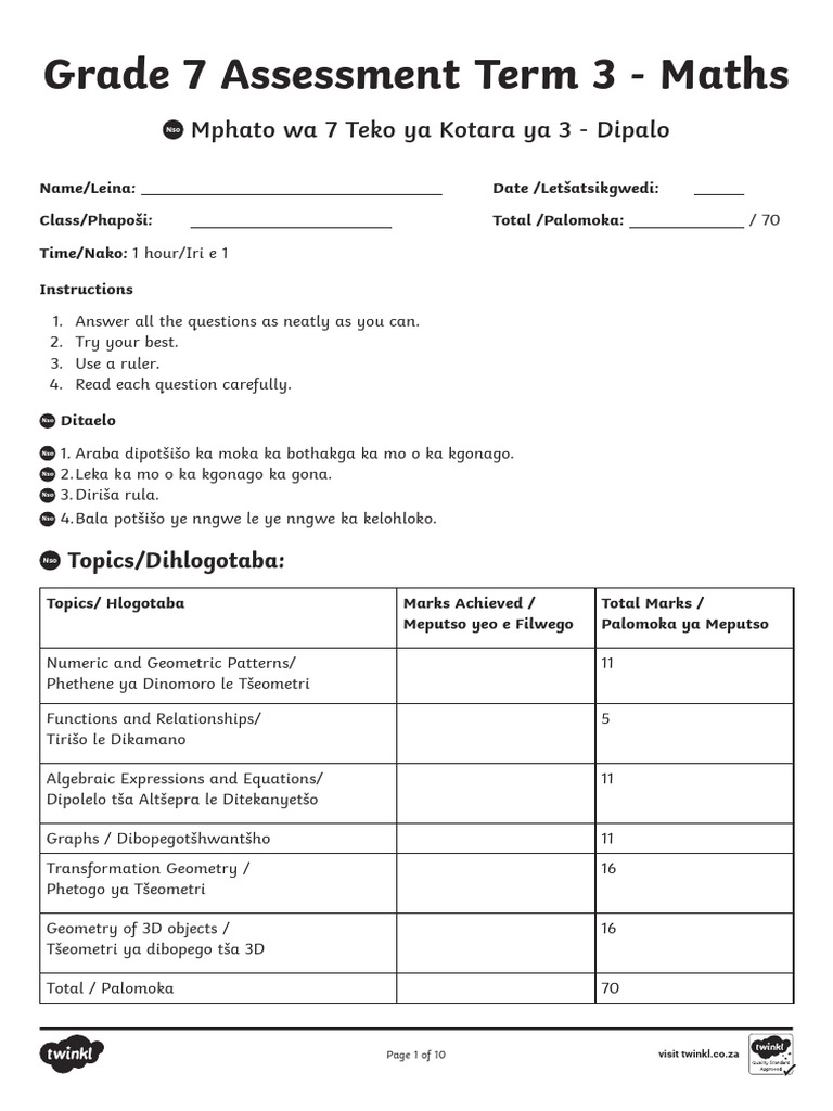 Za M 1748887241 Grade 7 Assessment Term 3 Maths Sepedi Ver 1 | PDF ...