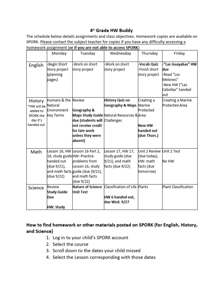 4th Grade HW Buddy 9.18 - 9.22 | PDF