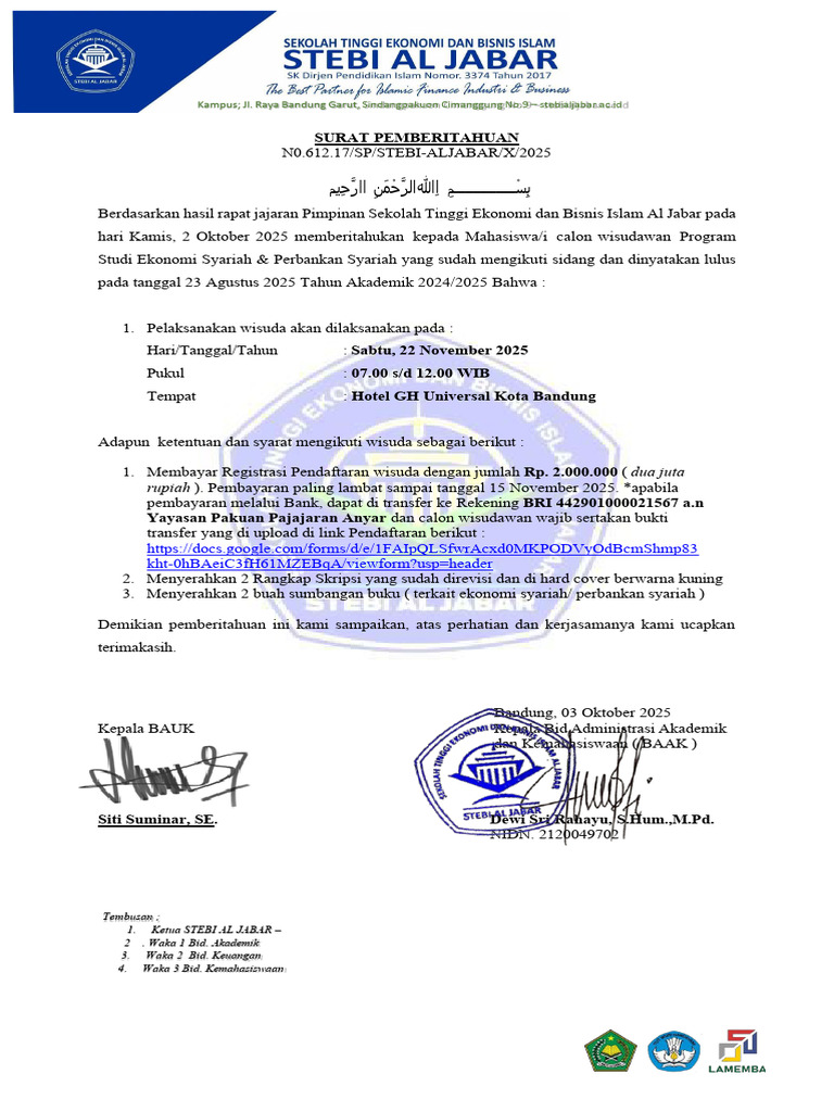 Surat Pemberitahuan Pelaksanaan Wisuda Ke 2 Stebi Al Jabar | PDF
