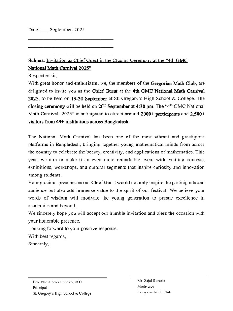 Chief Guest Invitation for Math Carnival | PDF