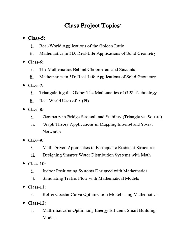 Engaging Math Project Topics by Class | PDF