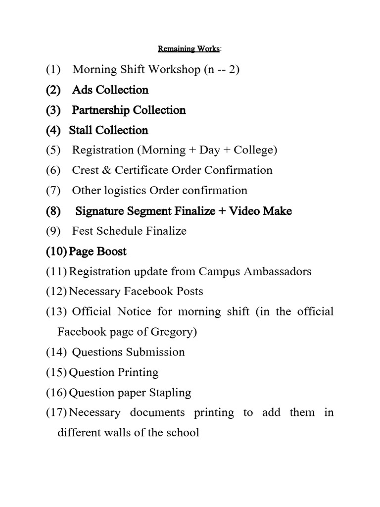 Remaining Work List | PDF