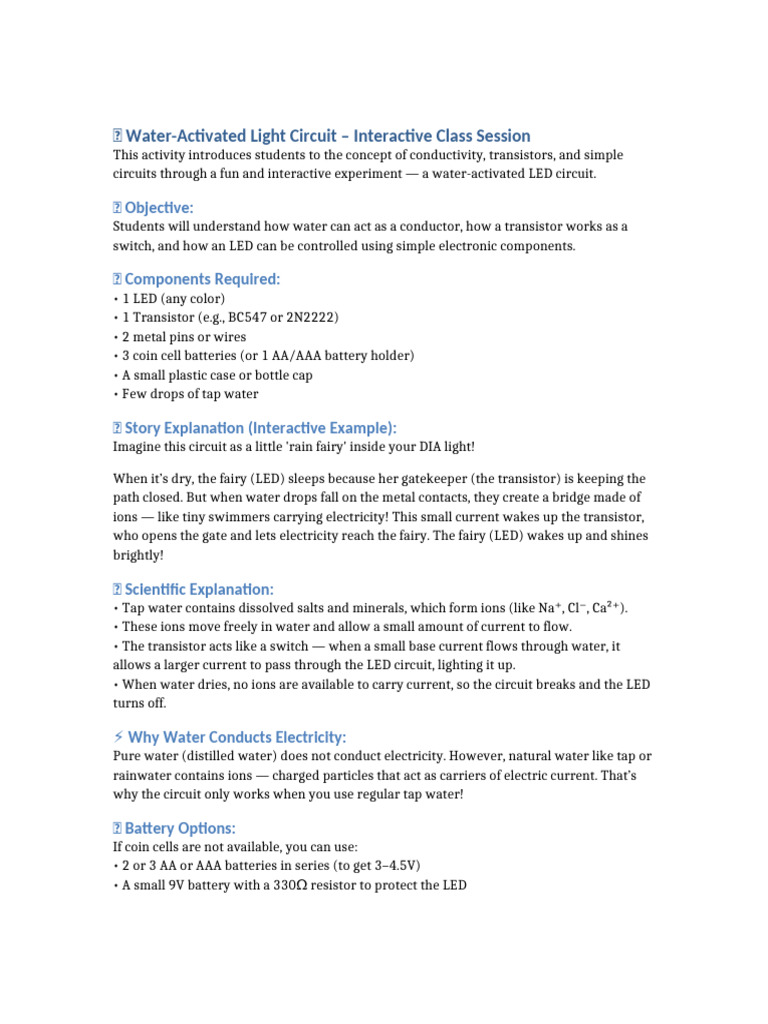 Water Activated Light Interactive Class | PDF | Electricity | Switch