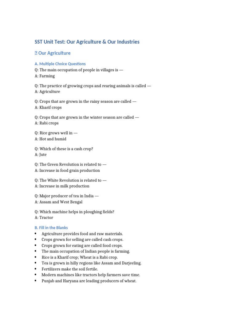 Agriculture and Industries Unit Test | PDF | Agriculture | Rice