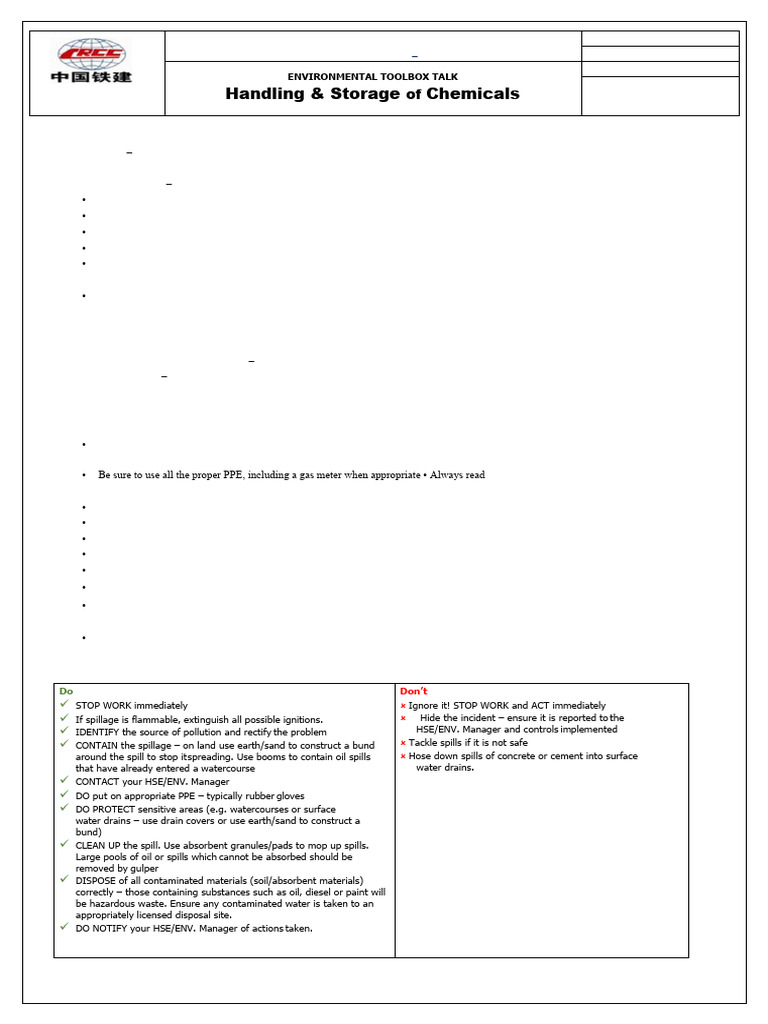 Chemical Handling & Storage Safety Guide | PDF | Occupational Safety ...