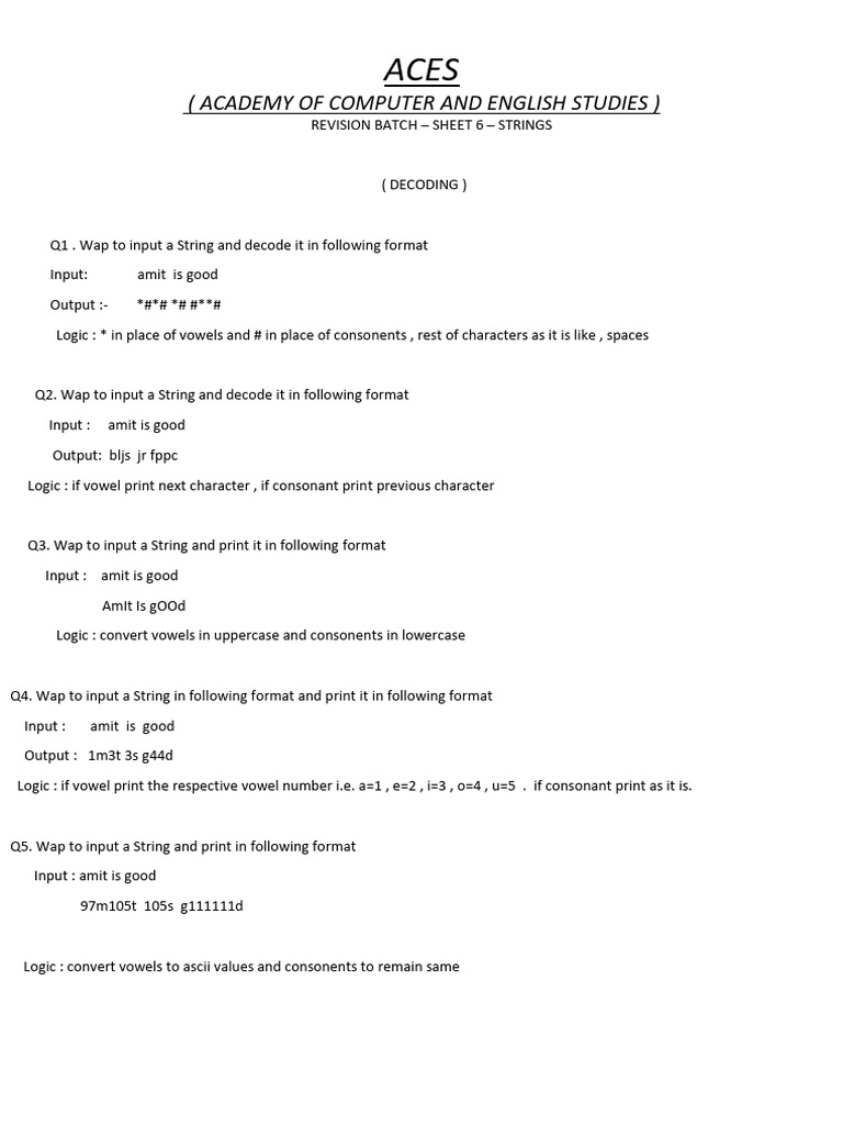 Revison Batch - Sheet 6 - Strings-1 | PDF