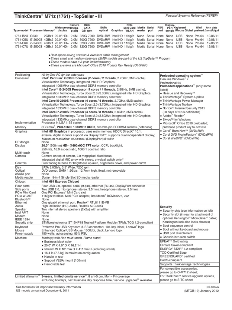 Lenovo ThinkCentre M71z Specs Overview | PDF | Usb | Computer Engineering