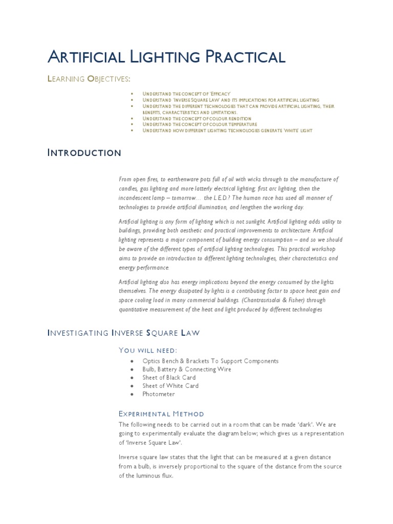 Artificial Lighting Practical | PDF | Lighting | Light