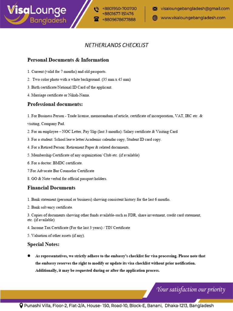 Netherlands Visa Document Checklist | PDF