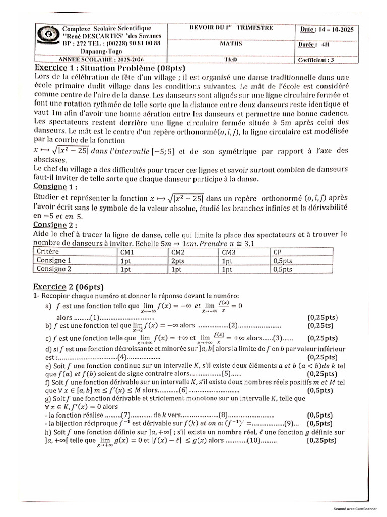 Devoir 1 Maths Tle D | PDF