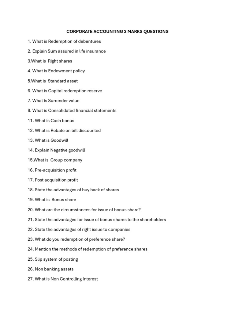 Corporate Accounting 3 Mark Questions | PDF