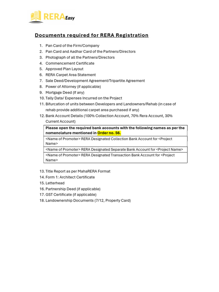 RERA Account Opening Document Checklist | PDF