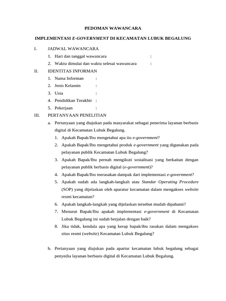 Pedoman Wawancara E-Government Lubuk Begalung | PDF