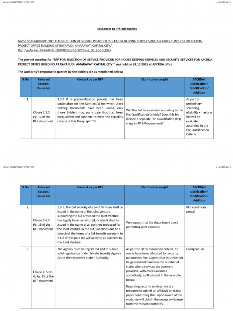 Pre Bid Clarifications | PDF