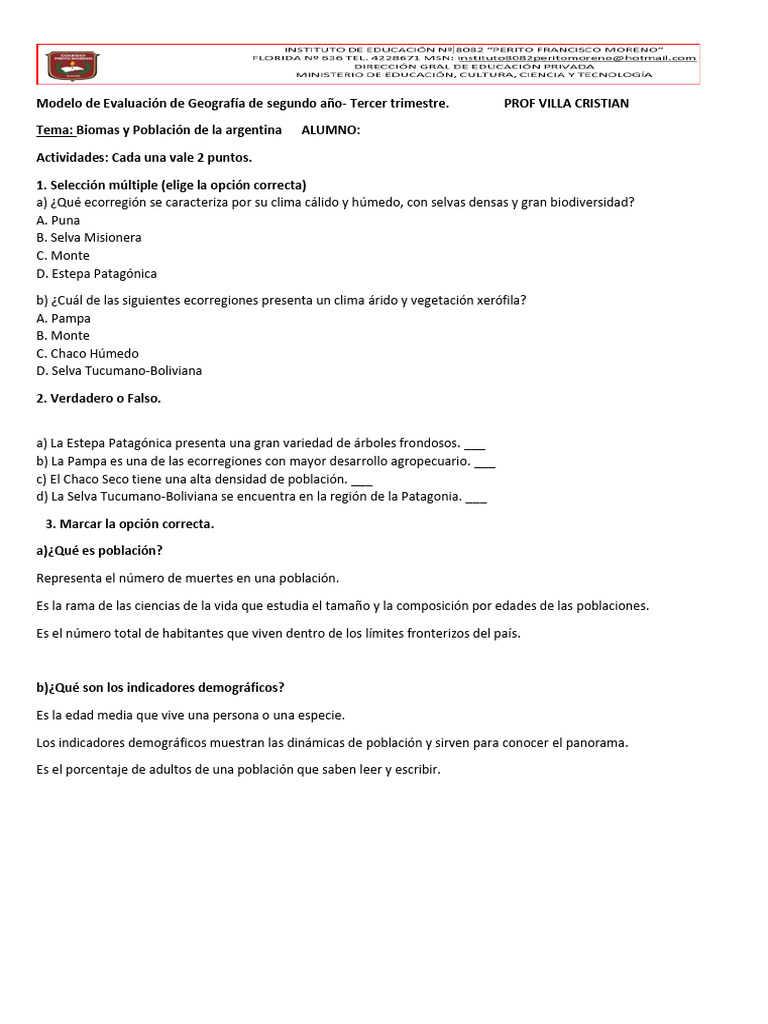 2° 1° Biomas y Población de la Argentina. Modelo de Evaluación de ...