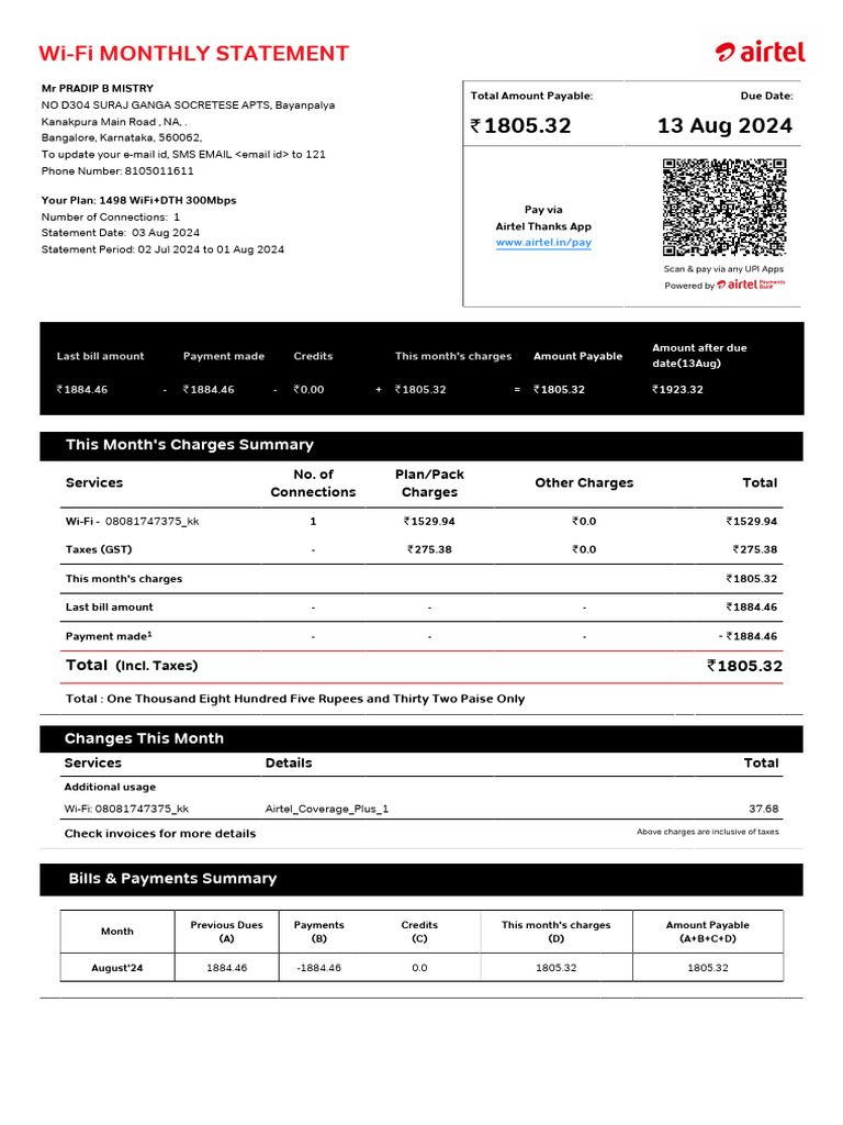 Broadband Bill 02 Jul 2024 To 01 Aug 2024 | PDF | Cheque | Credit Card