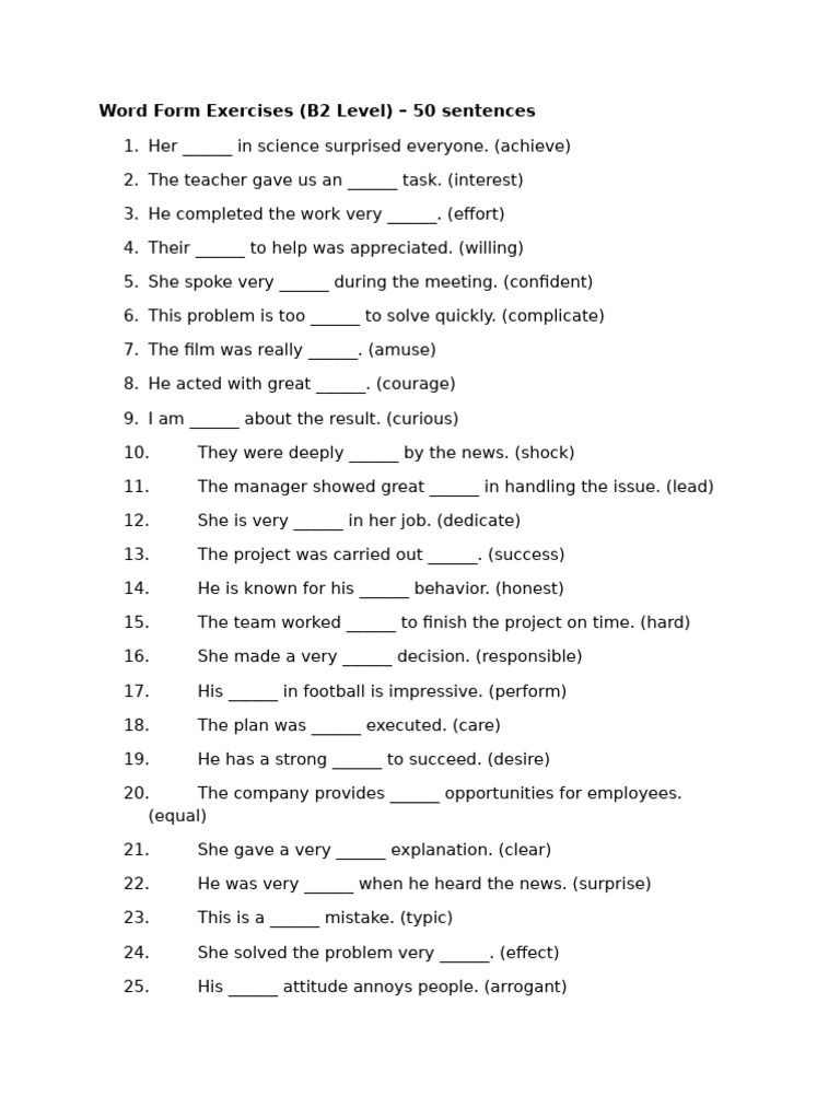 B2 Level Word Form Exercises | PDF