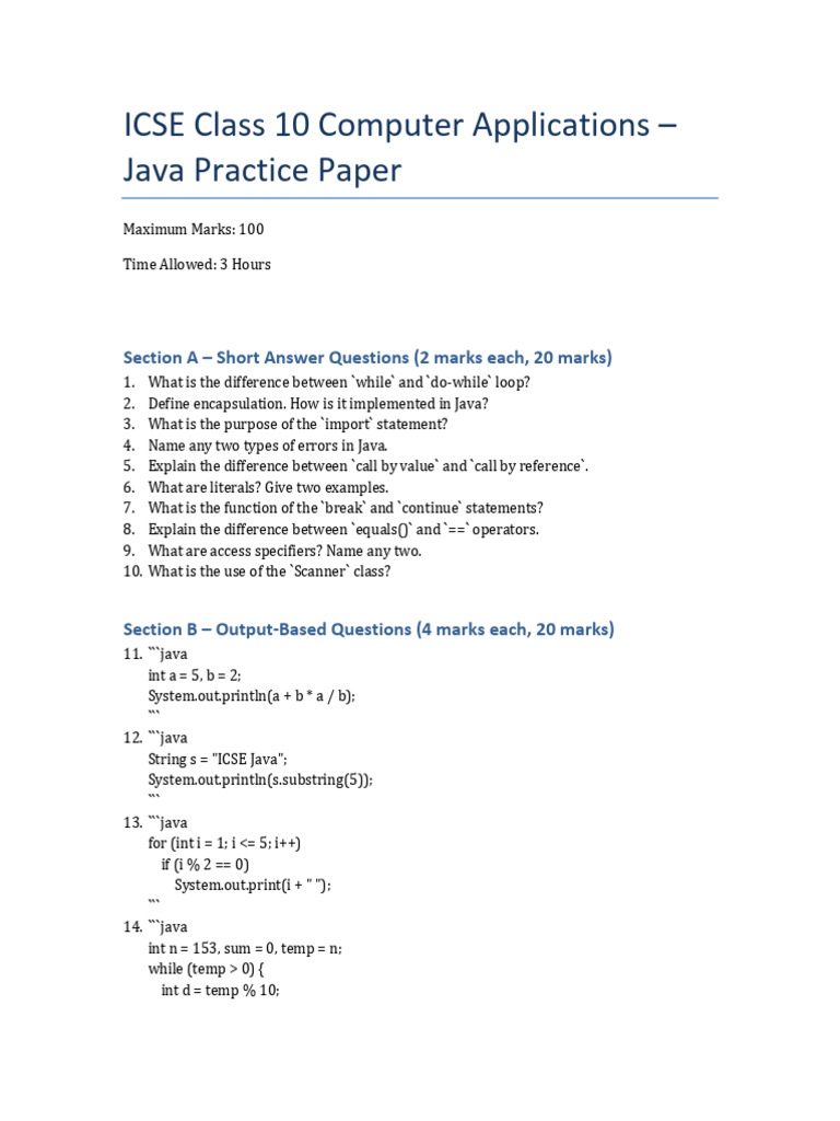 ICSE Class10 Java Practice Paper | PDF | Numbers | String (Computer ...